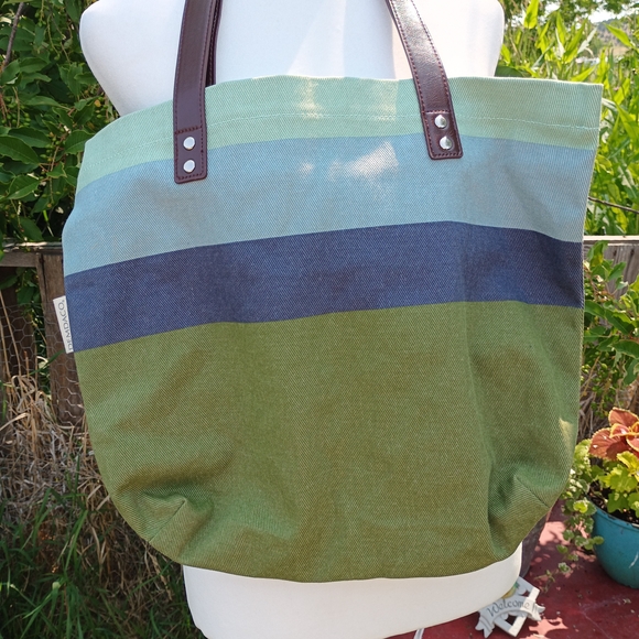 Demdaco | Bags | Demdaco Green And Blue Canvas Tote Bag With Leather ...